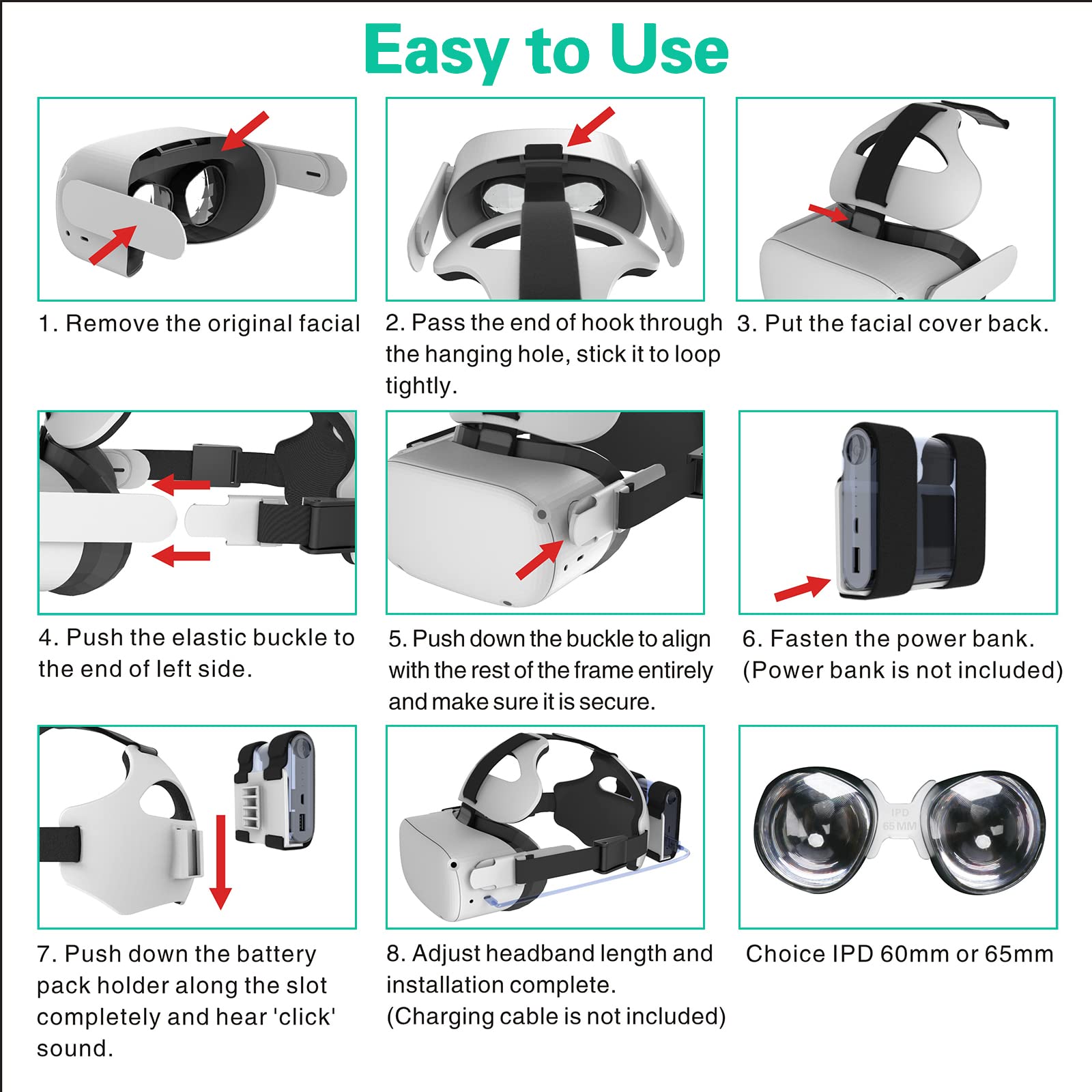 SEVENKA Head Strap for Quest 2 VR Headset, Replacement for Elite Strap, Headband with Battery Holder Bracket for Enhanced Support & Comfort in VR, Reduce Head Pressure (Power Bank not Included)