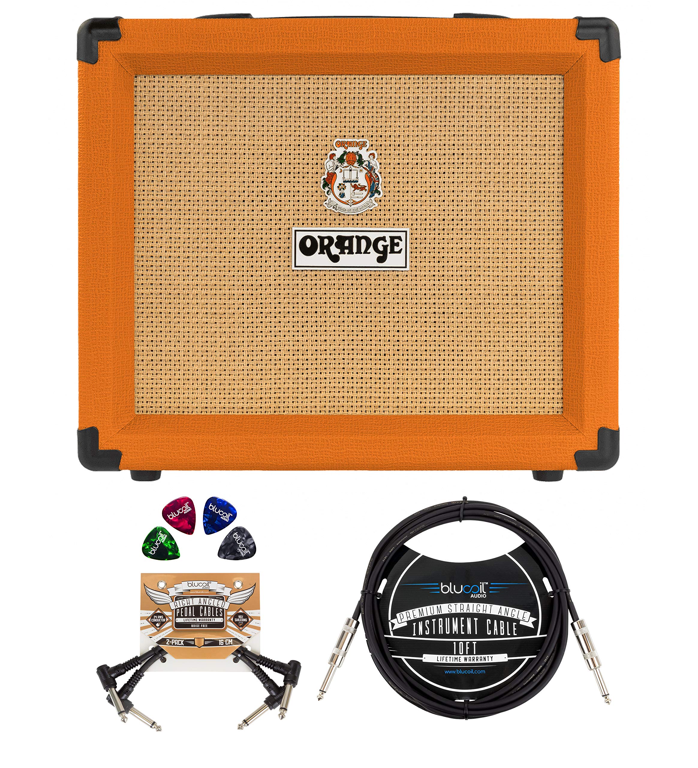 Orange Amps Crush 20 Combo Amplifier for Guitars (Orange) Bundle with Blucoil 10-FT Straight Instrument Cable (1/4in), 2-Pack of Pedal Patch Cables, and 4-Pack of Celluloid Guitar Picks