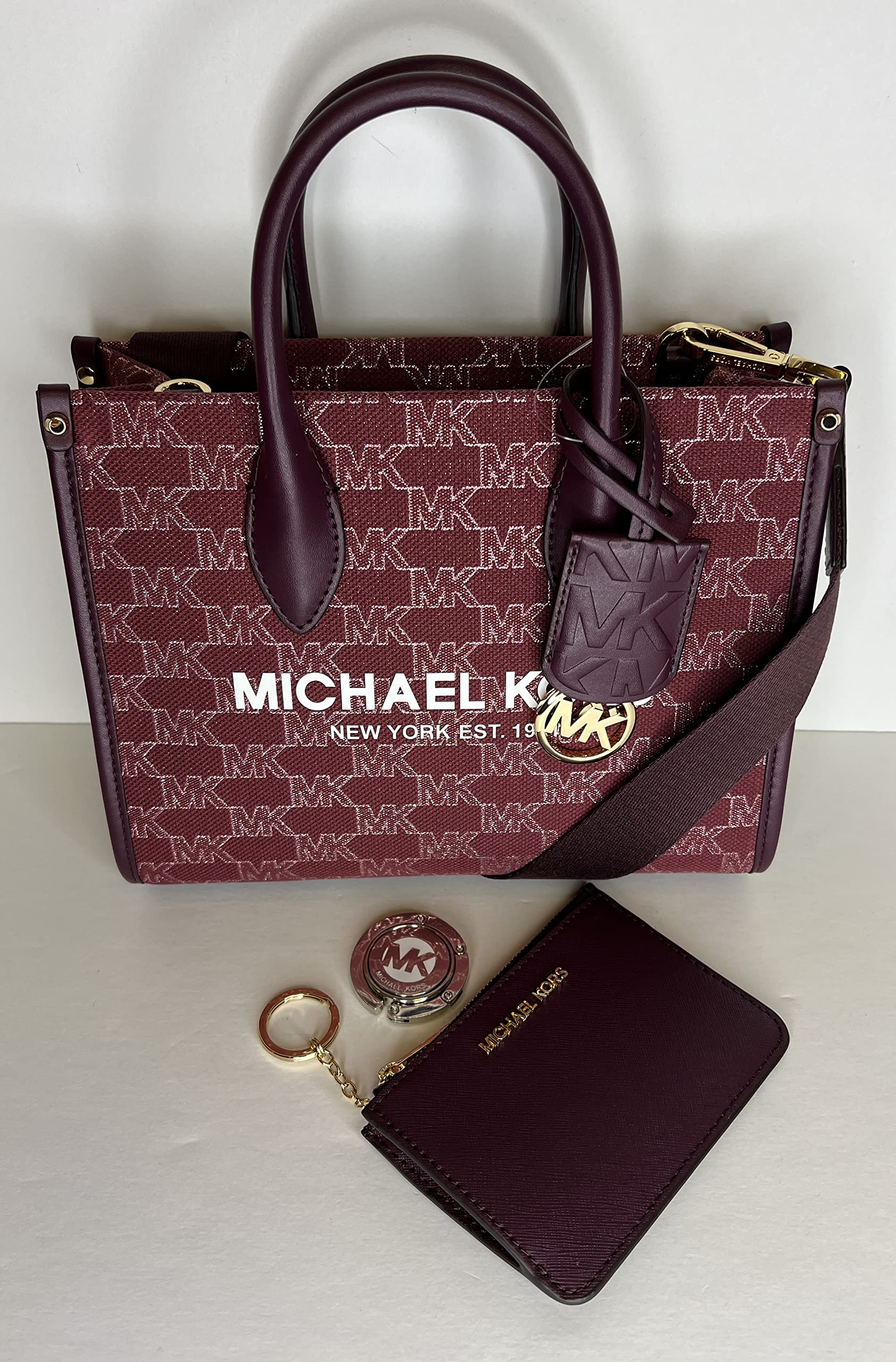 Michael Kors Mirella Small Shopper Top Zip Bag Bundled SM TZ Coinpouch Purse Hook (Mulberry Logo/Bordeaux)