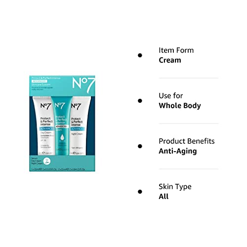Protect and Perfect Intense Advanced Skin Care System - Serum (0.5 fl oz), Day Cream with SPF 30 (0.84 Night oz) Travel Size No 7 Skincare, teal