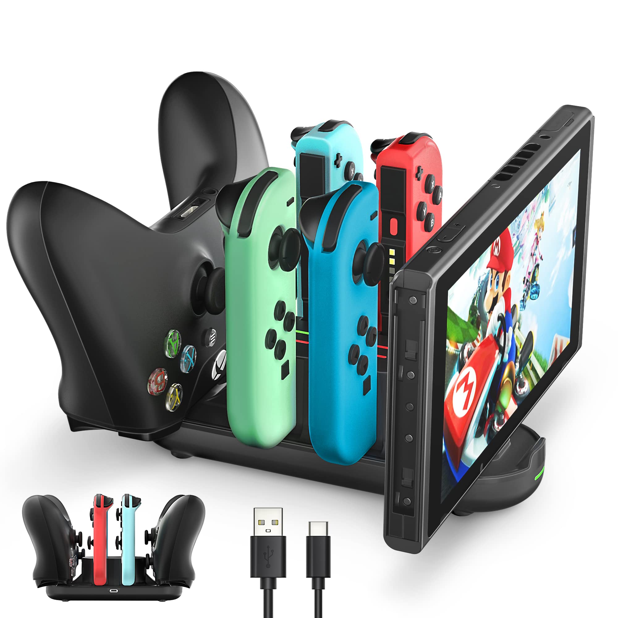 Switch Controller Charger Compatible with Nintendo,Joycon Charging Dock Station for 4 Switch Joycon & 2 Pro Controllers,with USB Type-C Switch Charging Cable