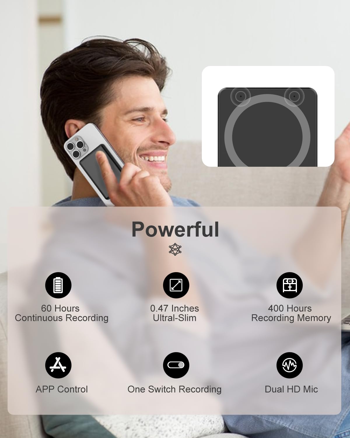 Phone Call Recorder, 64GB Snap-On Call Recorder with Playback Small Audio Recorder with Microphone 400 Hours Recording Device Compatible with Windows iOS Perfect for Meetings Lectures (64GB)