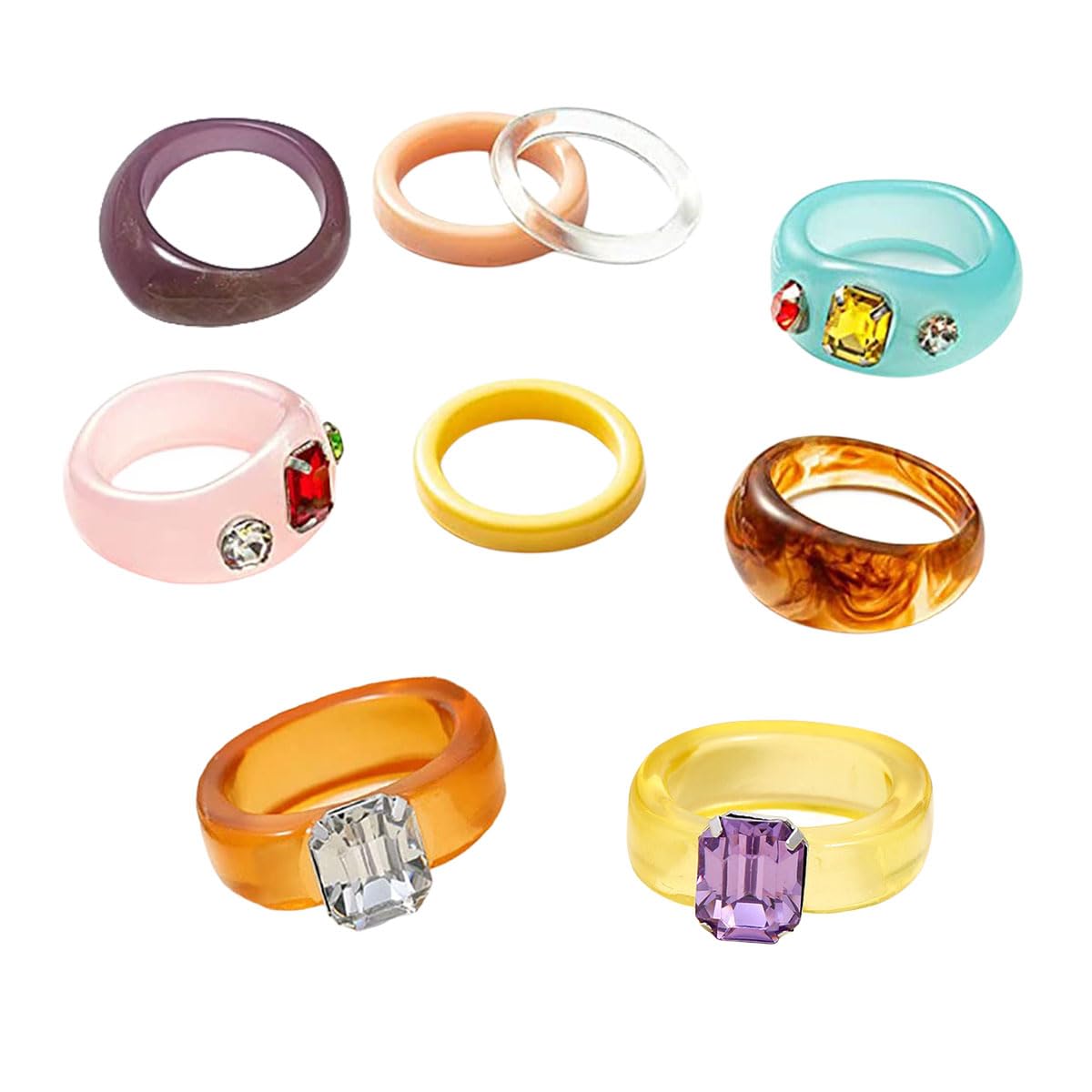 SEVENSTONE 9Pcs Resin Retro Acrylic Colorful Chunky Ring Cute Trendy Colorful Rhinestone Y2k Jewelry Plastic Resin Square Gem Stackable Chunky Rings for Women Set (multicolor-2)
