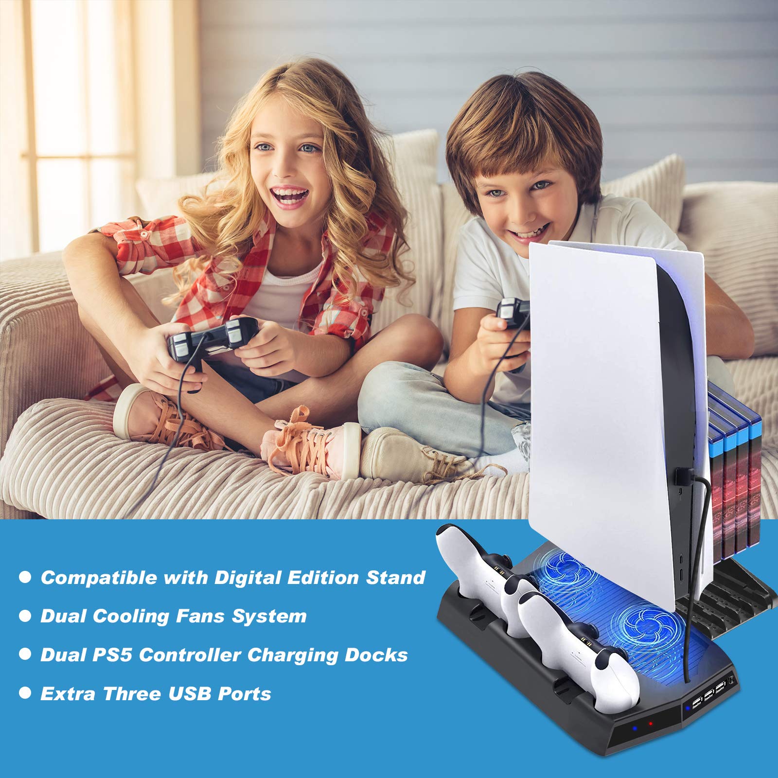 PS5 Stand with Cooling Fan, PS5 Cooling Station for Playstand 5 Console Digital Edition/Ultra HD,Dual Controller Charger PS5 Vertical Charging Stand with LED Indicators and 14 Game Card Slot Organizer