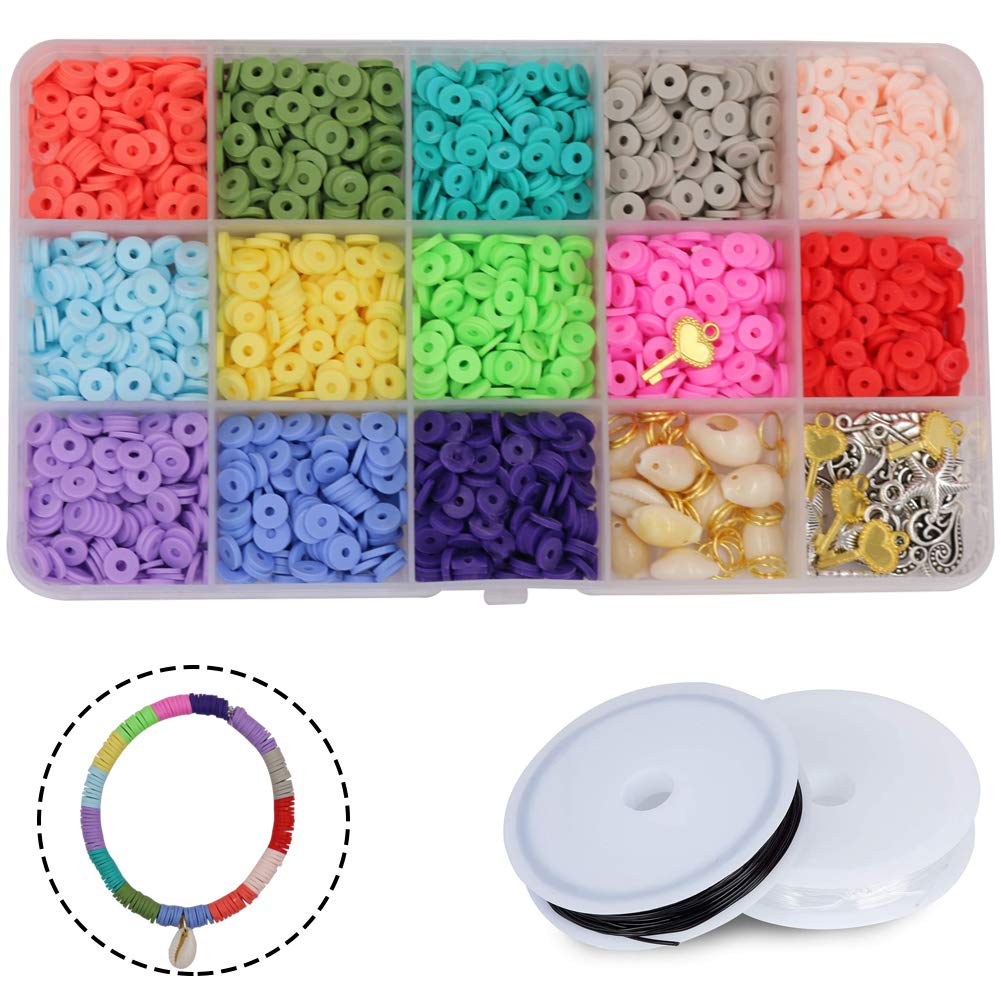 Potosala 6mm Flat Round Polymer Clay Beads Vinyl Disc Beads Loose Spacer Beads Handmade Beads for DIY Jewelry Making Bracelet Finding 13 Color About 2600pcs