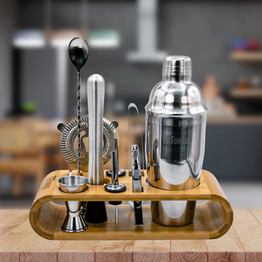TGT CHEERS Cocktail Shaker Set with Stylish Bamboo Stand 11-pcs | Home Mixology Bartender Kit Gift Box | Cocktail Making Barware tool Set Mixer 25 oz Coctelera Perfect for Home Christmas Gift for him