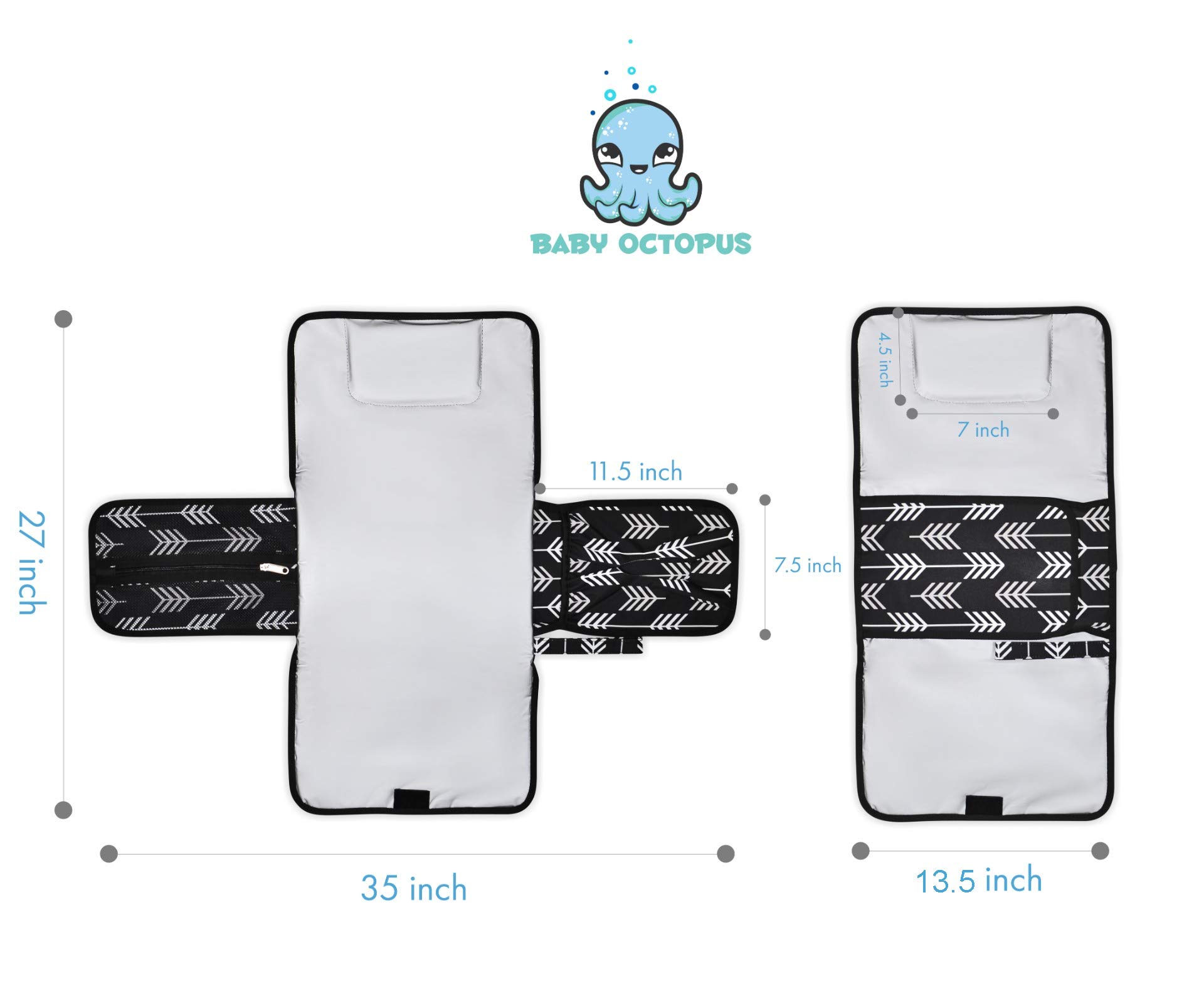 Portable Baby Changing Pad + Octopus Toy Bundle - Large Waterproof Diaper Changing Table Contoured Mattress with Soft Memory Foam Pillow β Travel-Friendly Infant Change Station Mat Set for Mom & Dad