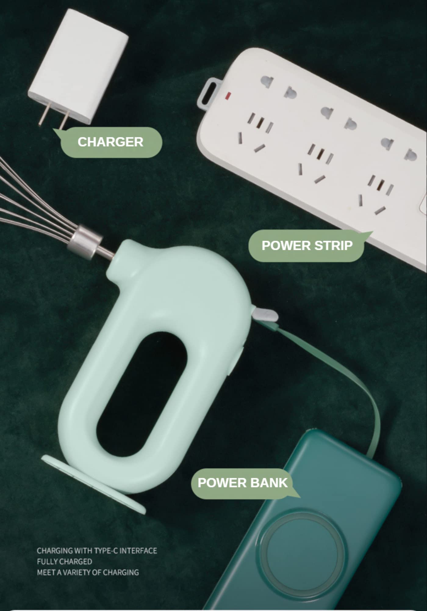 Wynboop MINI Household Cordless Electric Hand Mixer,USB Rechargable Handheld Egg Beater with 2 Detachable Stir Whisks 4 Speed Modes,Baking At Home For Kitchen,Lightweight Portable(Green)