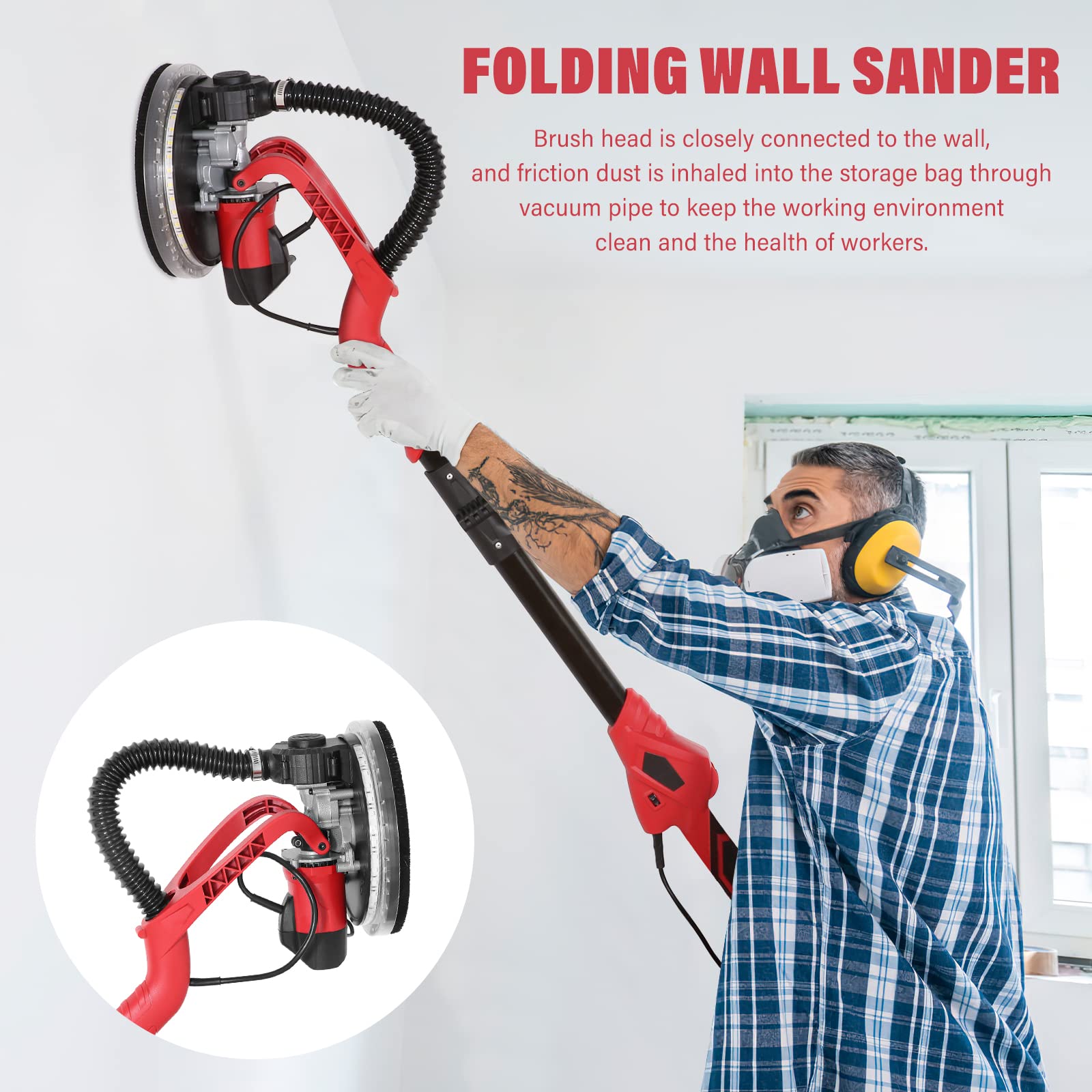 Vistreck Drywall Sander, 750W Electric Drywall Sander With Vacuum & 14Pcs Sanding Discs, 6 Variable Speeds 1000-1850RPM, Foldable has Dust Bag, LED Light, Power Disc Sanders With Carrying Bag
