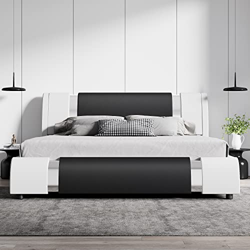 SHA CERLIN Faux Leather King Bed Frame with Adjustable Headboard and Iron Accents, Upholstered Platform Bed with Solid Wooden Slats Support, Noise-Free - Black with White Sides