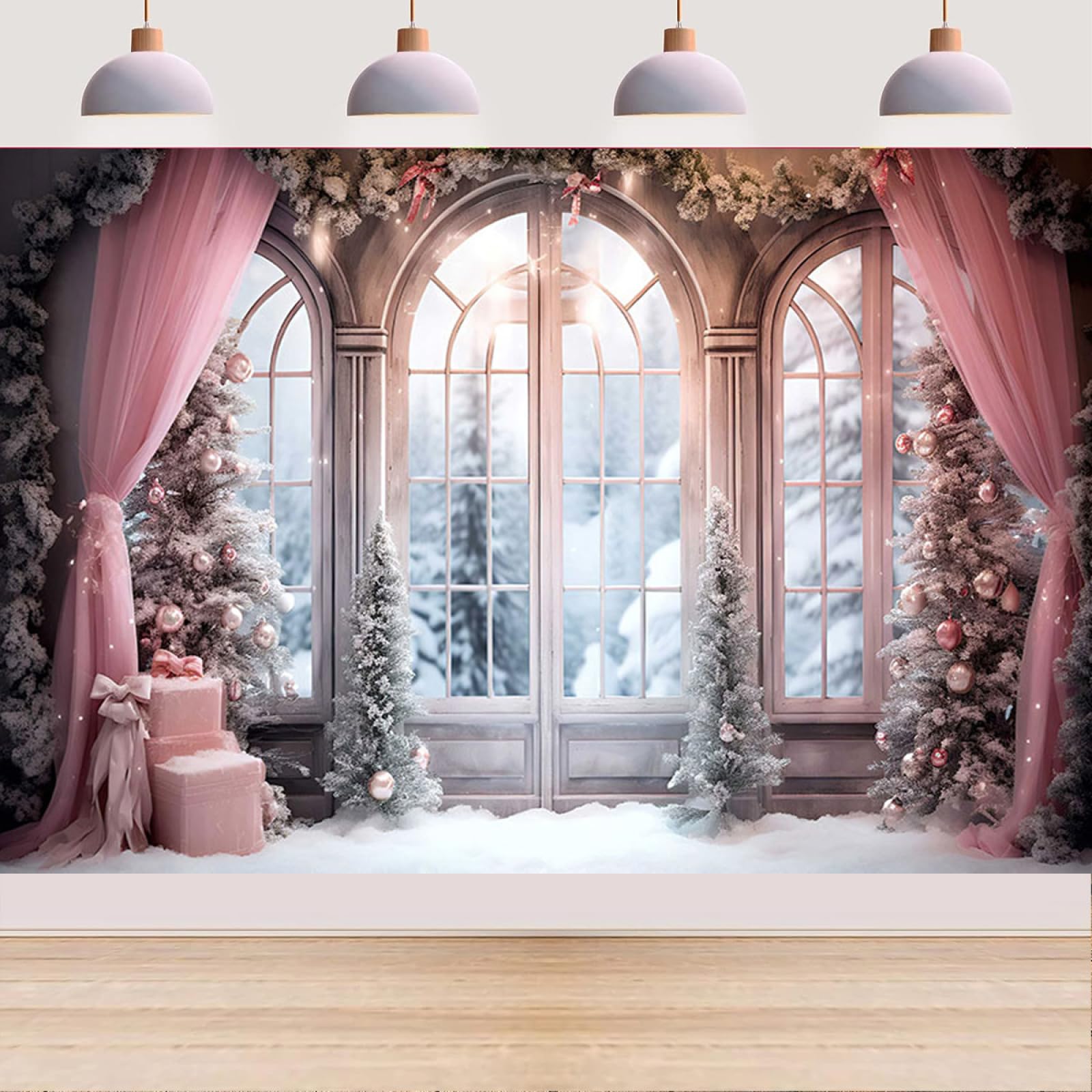 Pink Curtain Winter Xmas Photo Background Christmas Winter Snow Forest Window Photography Background Family Holiday Party Decorations Baby Shower 1st Birthday Backdrop,8X6FT