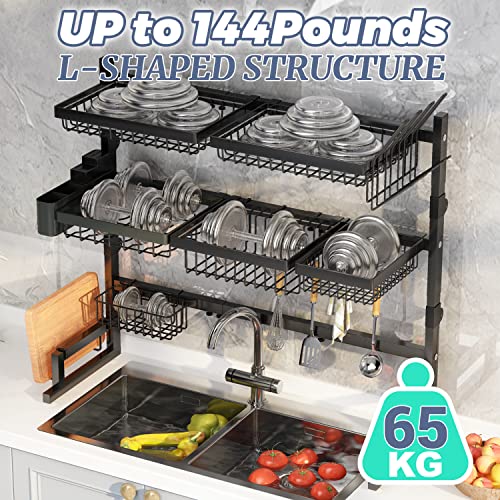 Over Sink Dish Drying Rack (Expandable Height/Length) Snap-On Design Large Dish Drainer Stainless Steel Storage Counter Organizer (31-39.5L x 12W x 34-38H inches)