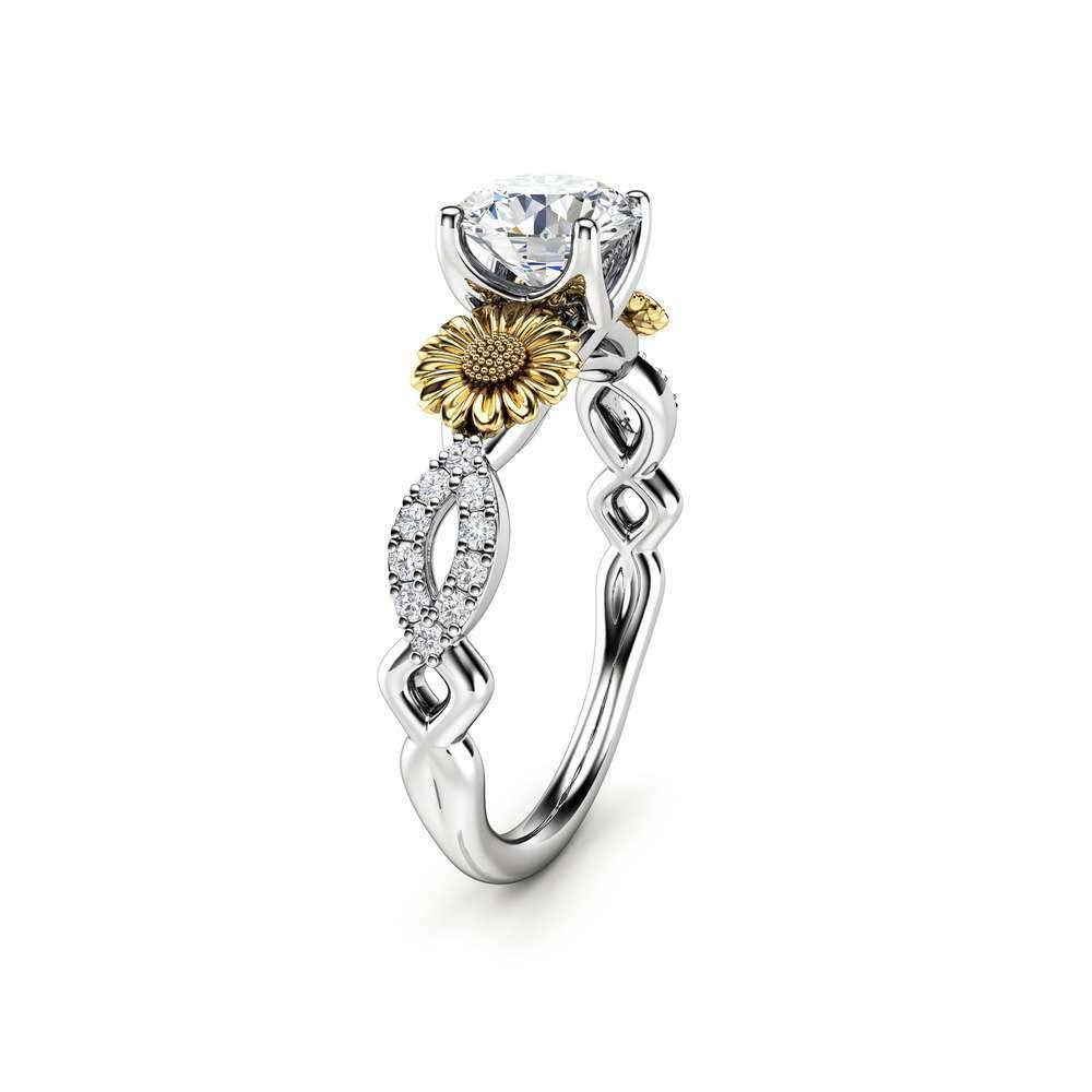 Reyansh Fashion Created Round Cut White Diamond 925 Sterling Silver 14K White Gold Finish Diamond Sunflower Flower Split Bridal Engagement Ring for Women's