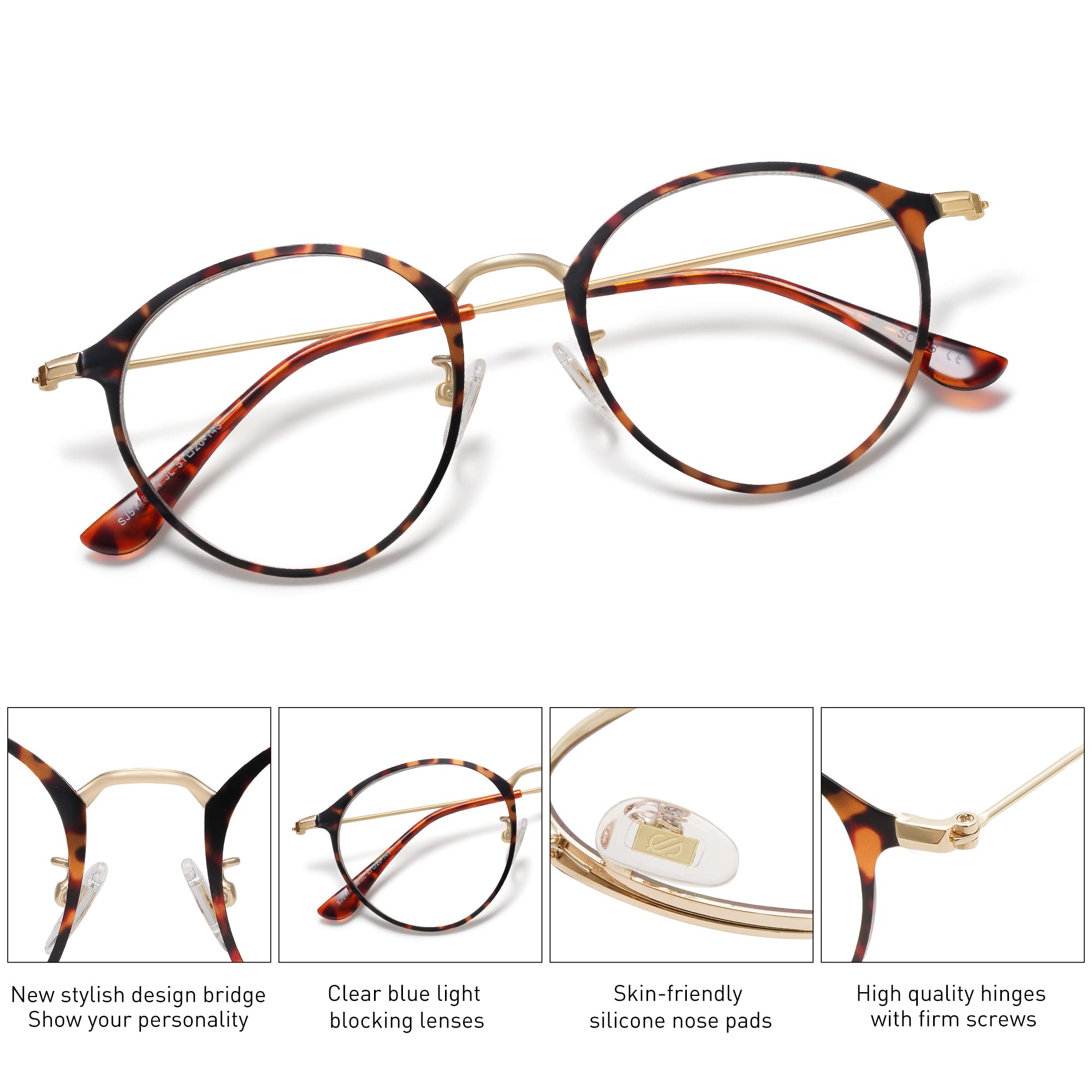 SOJOS Retro Round Glasses Blue Light Blocking Eyewear Metal Frame SJ5148 with Demi Frame/Anti-Blue Light Lens