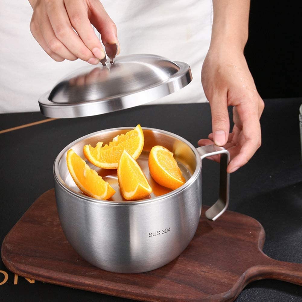 Stainless Steel Noodle Bowl With Dual-Used Cover and Wide Handle Double‑Layer Insulated Large Capacity Soup Bowls for Soup,Noodles,Gravies,Pasta,Milk Can Heat Directly 1000Ml Silver