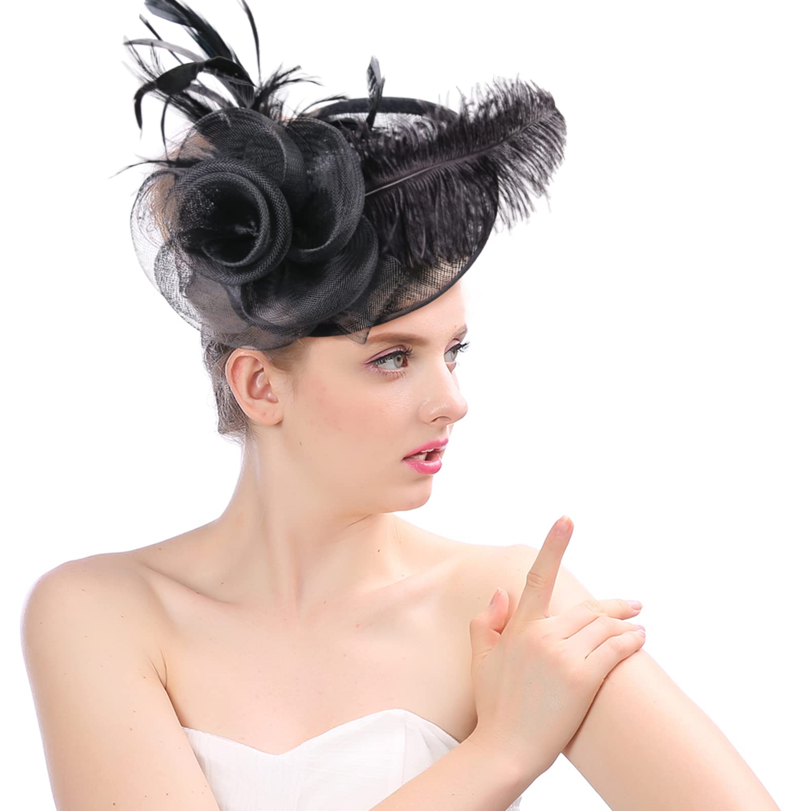 ROZKITCH Feather Fascinators Womens Pillbox Flower Party Hat White
