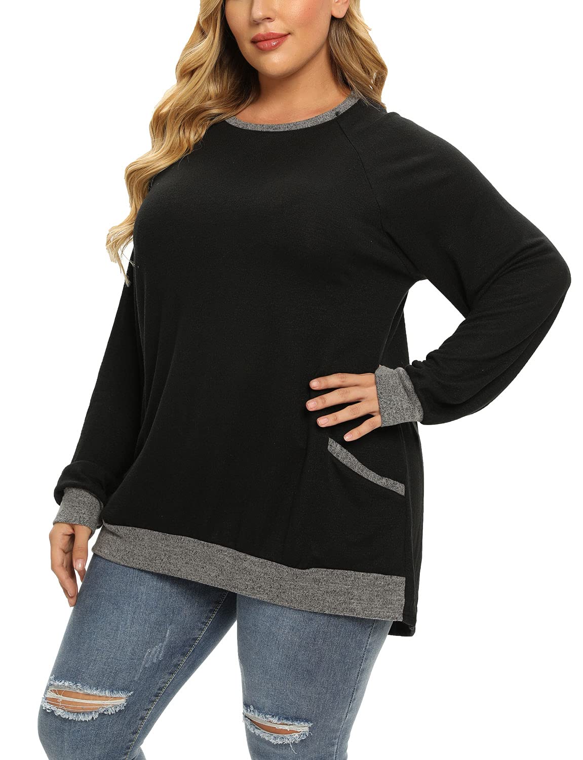Plus Size Sweatshirts for Women, Long Sleeve Fall Crewneck Tunic Tops with Pockets for Leggings Black 3X