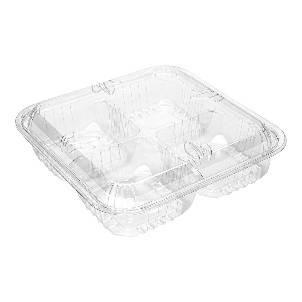 Restaurantware Thermo Tek 8.3 x 2.2 Serving Platters with Lids 100 Disposable Veggie Trays - Square 4 Compartments Clear Plastic Appetizer Platters Serve Fruits At Parties or Catered Events