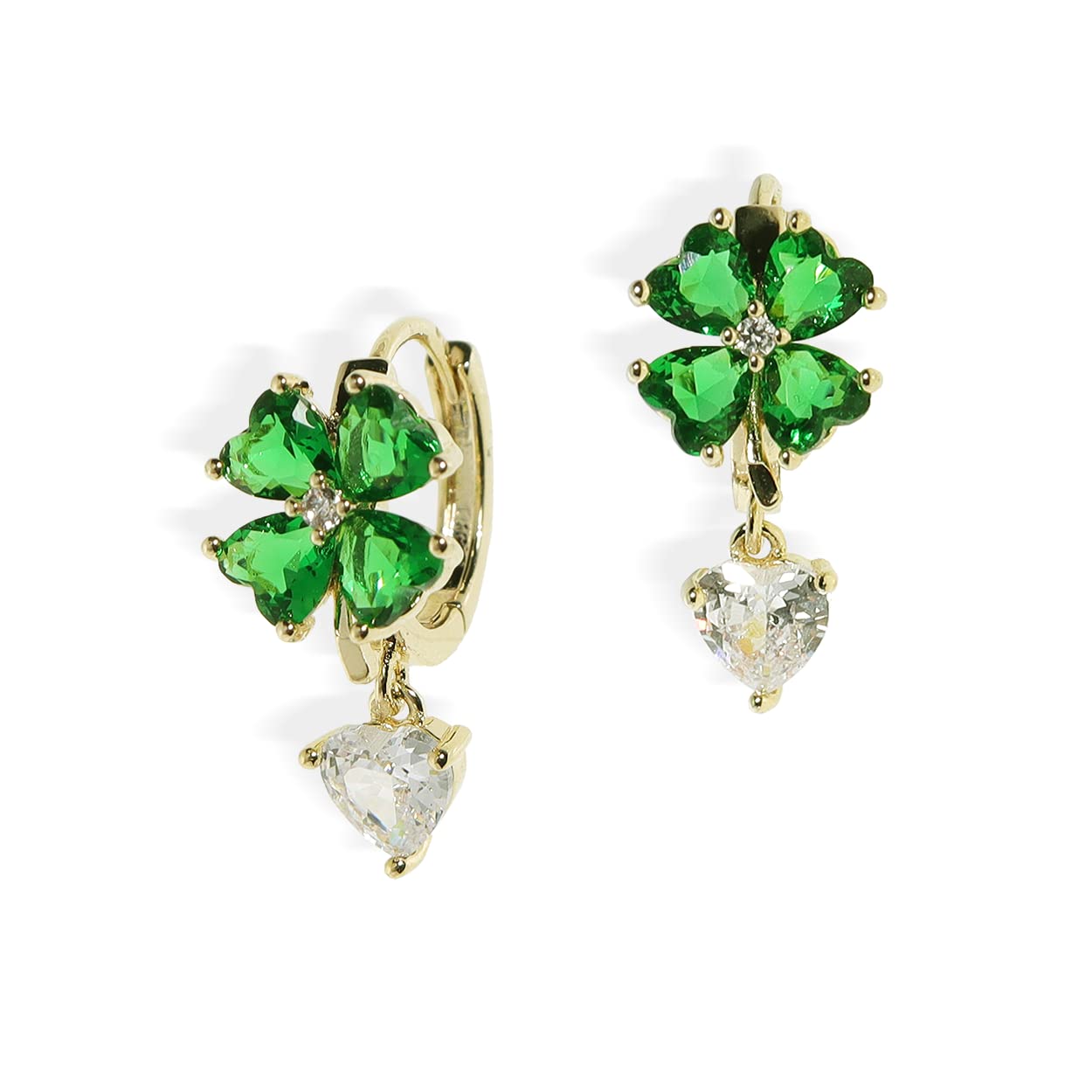 Sonateomber Sparkly Green Clover Leaf Small Gold Huggie Earrings for Women - Cute Heart Cubic Zirconia, Drop Dangle Circle Hoop Girl Cartilage Jewelry Gift