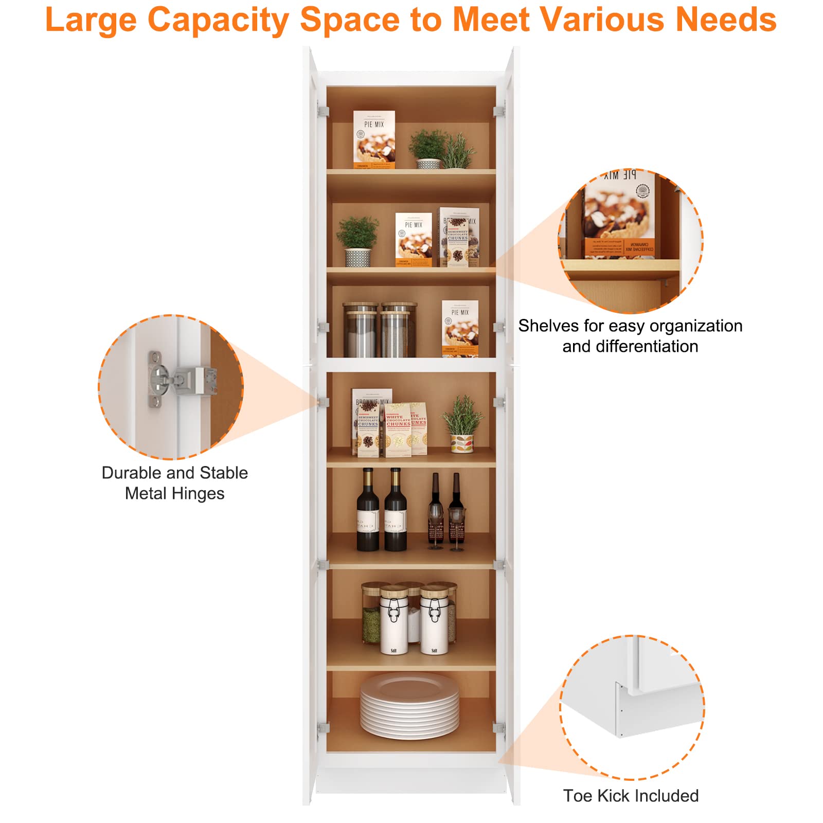 ROOMTEC 90" Kitchen Pantry Storage Cabinet - Modern Tall Storage Cabinet, 4 Doors & 5 Adjustable Shelves, Freestanding Utility Cupboard for Kitchen, Living Room, Dining Room