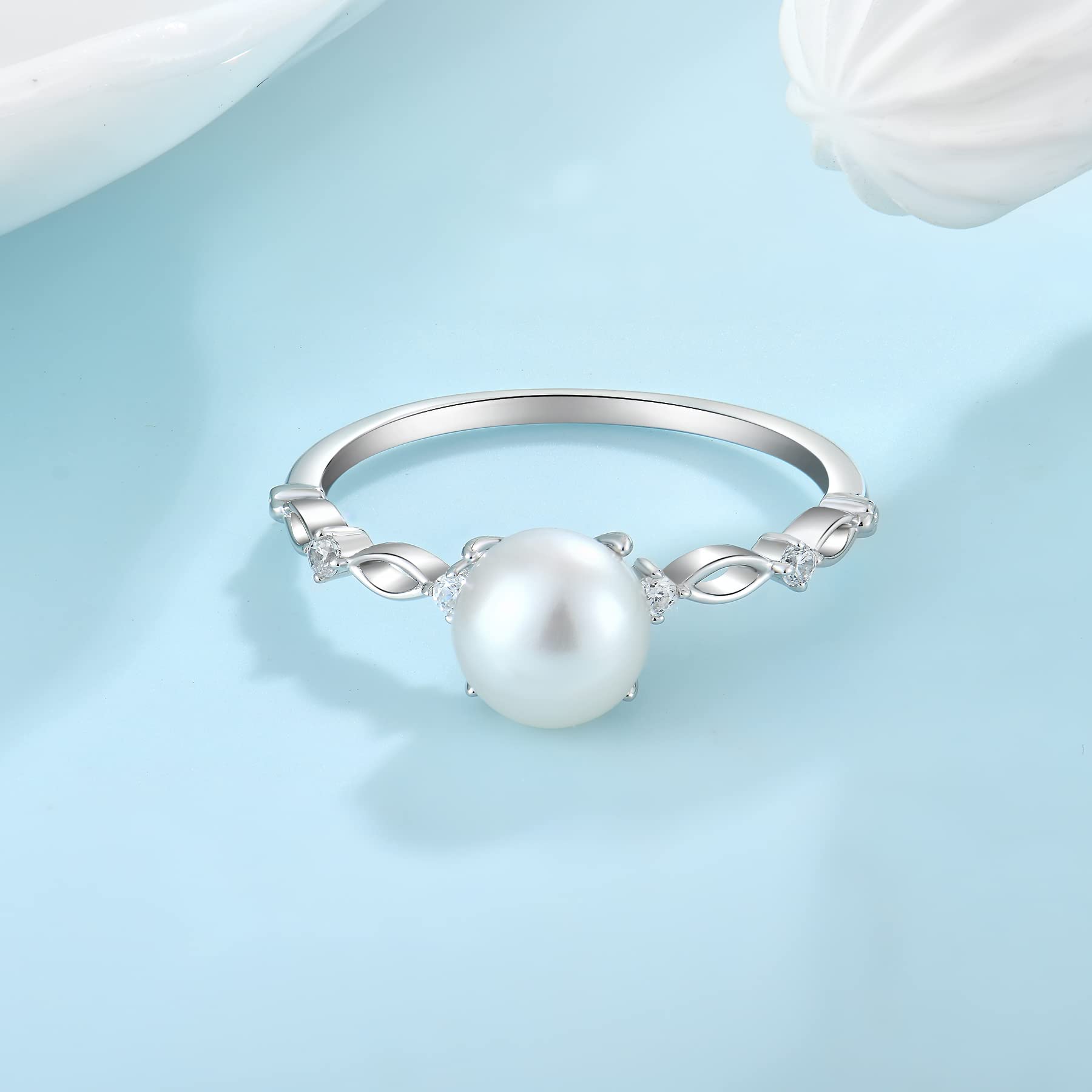 STARCHENIE 7mm Cultured Freshwater Pearl Cubic Zirconia Ring Silver,Pearl Ring for Women size7