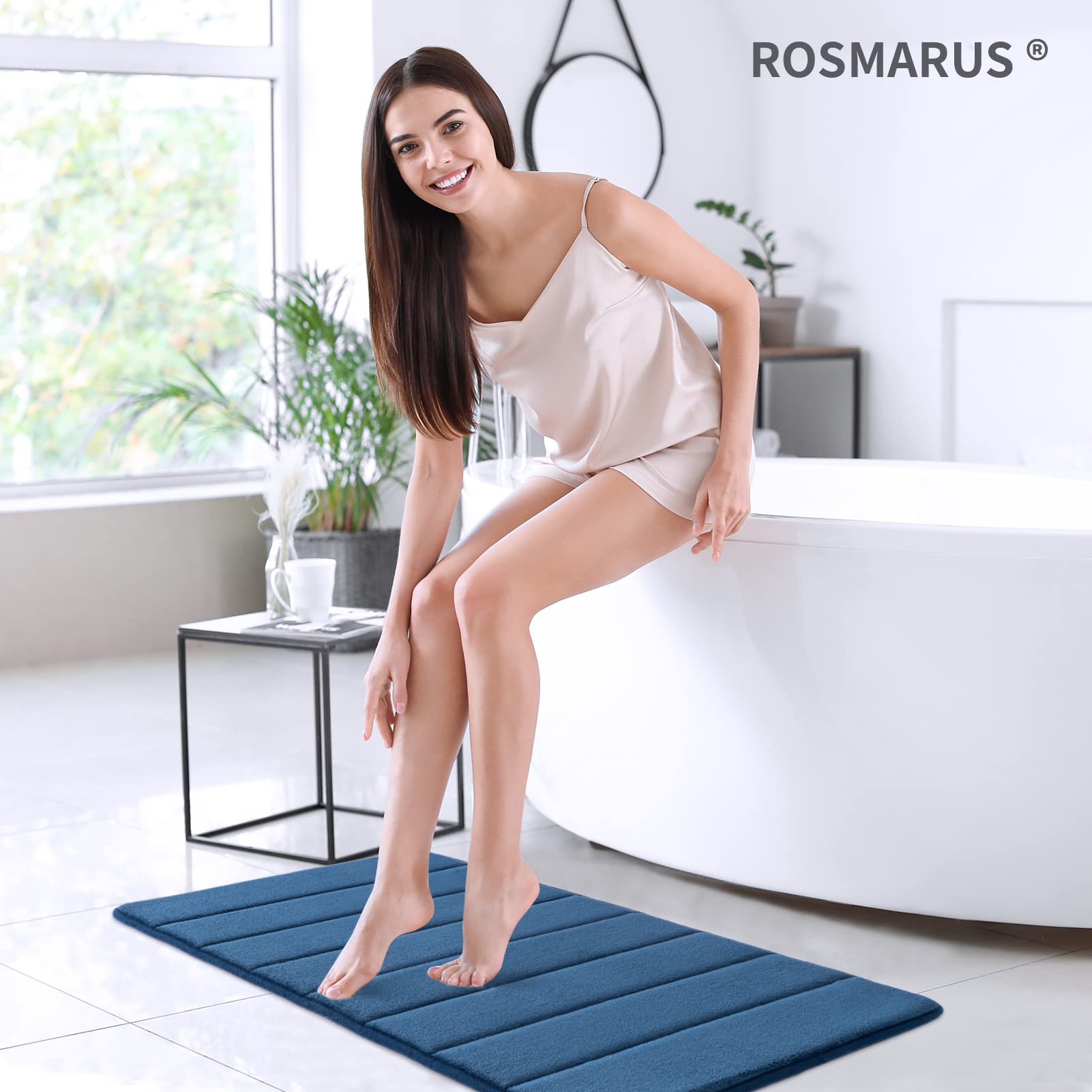 ROSMARUS Memory Foam Bath Mat 20β x 32β, Water Absorbent Shower Mat, Thick Bath Rugs for Bathroom Non Slip with PVC Backing, Ultra Soft Bathroom Rugs for Bathroom Floor & Tub, Navy