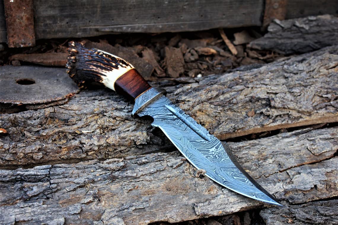 PSK132 - Damascus Steel Bowie Knife, Hunting knife, Viking knife, Stag Crown, Top Selling, Brown