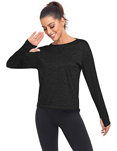 Soneven Long Sleeve Workout Tops for WomenLoose Fit Boat Neck Athletic Shirt with Thumbhole Quick Dry Active Tops Black