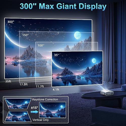 Projector with WiFi and Bluetooth, Native 1080P Music Projector,10000L Portable Outdoor Projector Support 4K Home Theater,300”Projection Display Projector Compatible with HDMI/iOS & Android/PC