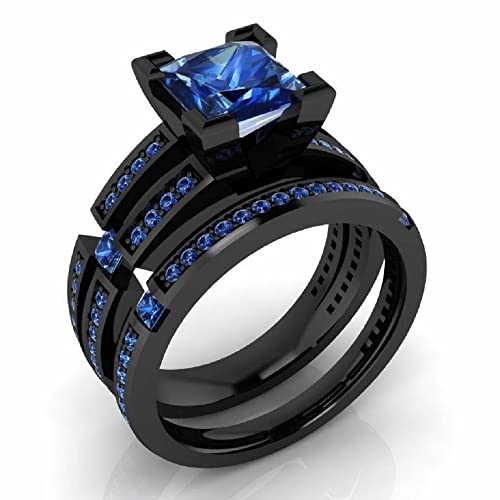 Samarth Princess & Round Cut Blue Sapphire 925 Sterling Silver 14K Black Gold Over Diamond Engagement Wedding Bridal Ring Set for Women's