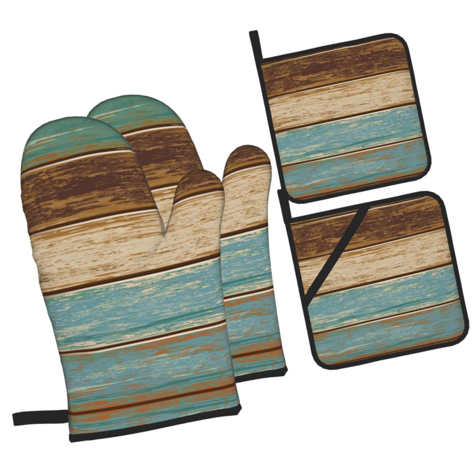 Retro Rustic Barn Wood Oven Mitts and Pot Holders Sets Set of 4,Resistant Hot Pads Non-Slip Cotton Lining Gloves for Kitchen Baking Cooking Grilling