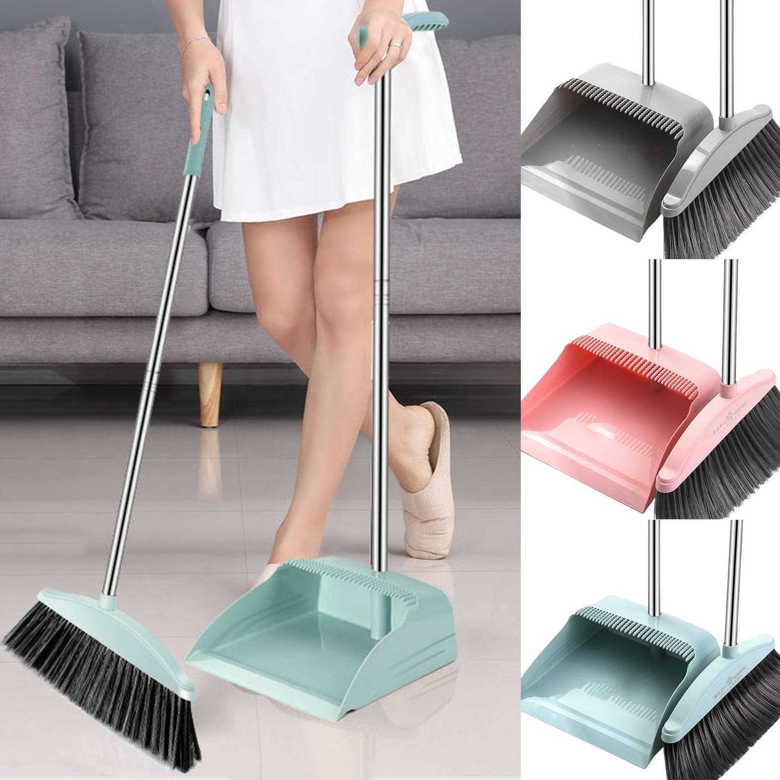 WMGoods Broom and Dustpan/Broom with Dustpan Combo Set,Standing Dustpan Dust Pan with Long Handle 40"/52" for Home Kitchen Room Office Lobby Indoor Floor Cleaning Broom and Dustpan Set for Home
