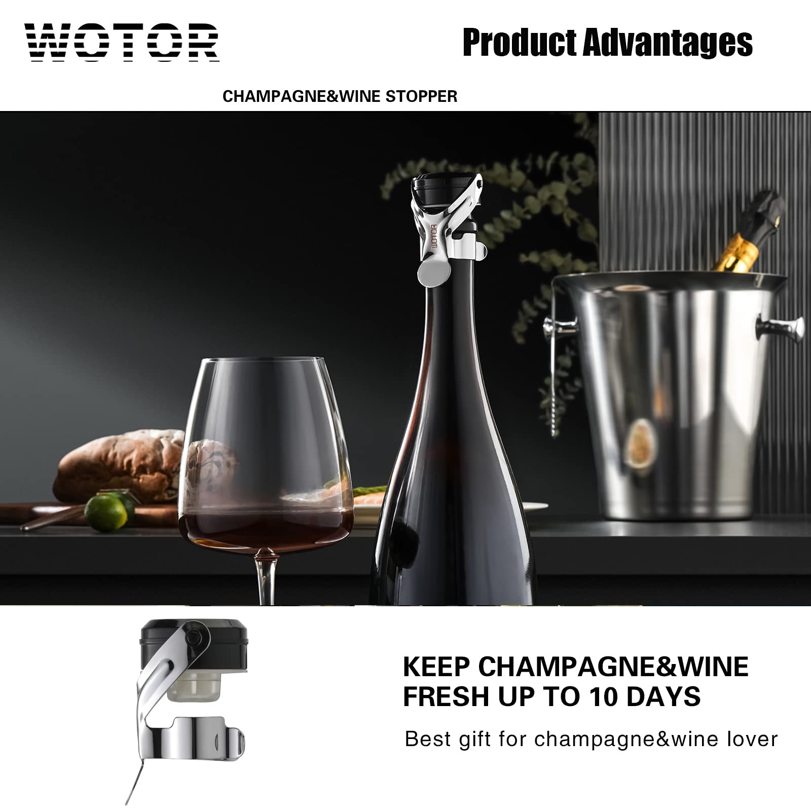 WOTOR Champagne&Wine Bottle Stoppers Stainless Steel with Food Grade Silicone, Leak Proof Keep Fresh Reusable Saver, Cork Suitable for Wine, Champagne, Cava, Prosecco and Sparkling (12 Pack Silver)