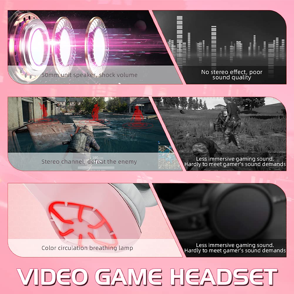 SYCOOVEN Gaming Headset with Mic, 3.5MM Cat Ear Headphones Lightweight Over Ear Headphones LED Light(Pink)