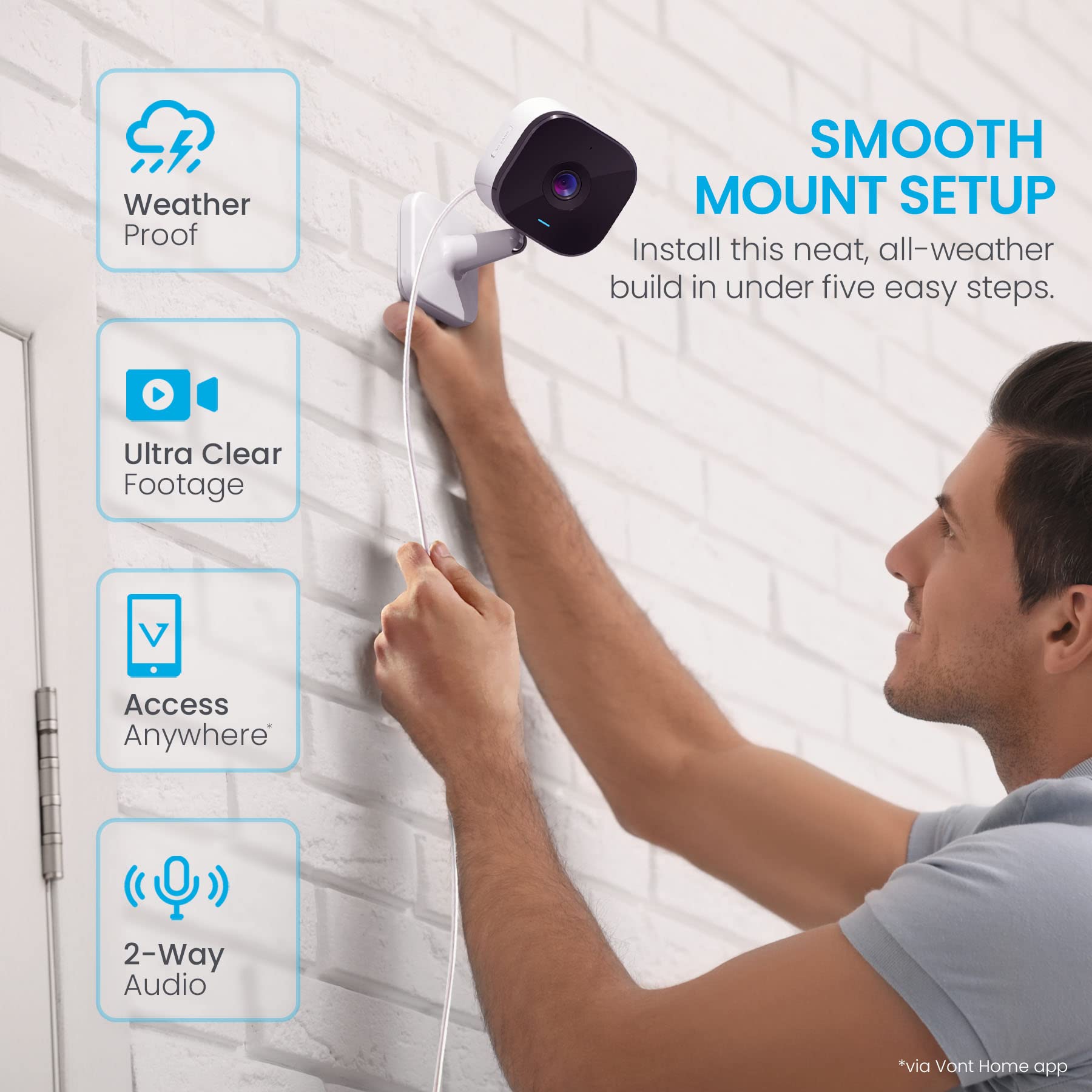 Vont Smart Security Camera, Compact Wired Outdoor Indoor Camera, 1080p HD Video, Night Vision, Two-Way Audio, Cameras for Home Security with WiFi, Surveillance Camera, Works w/Alexa, IFTTT & Google
