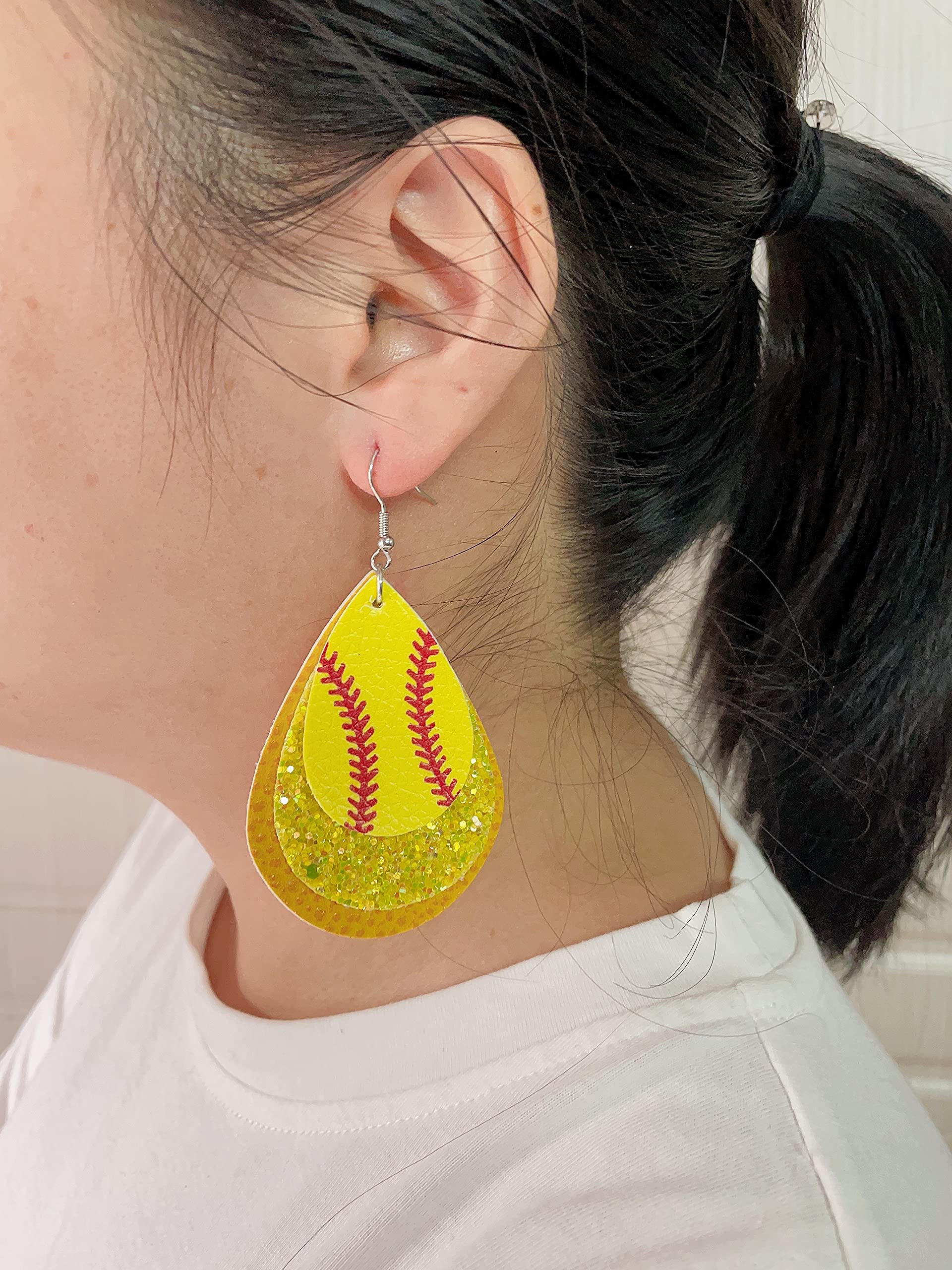 Softball Earrings for Women Genuine Leather Glitter Lightweight Jewelry Teardrop Dangle Earrings