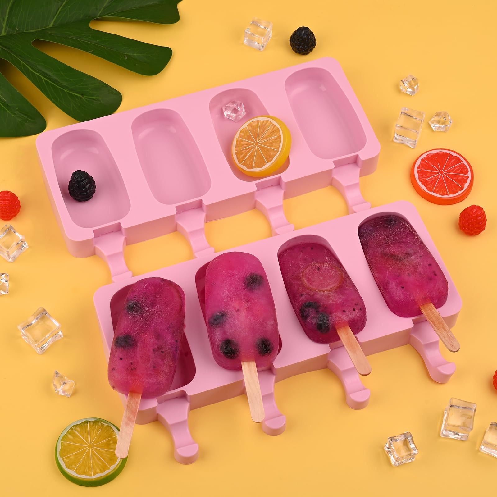 WMKGG Popsicle Silicone Molds Set, 2 PCS Ice Cream Molds with 50 Wooden Sticks for Cake Pop, Ice Pop, Cakesicles (Standard Size/Pink)