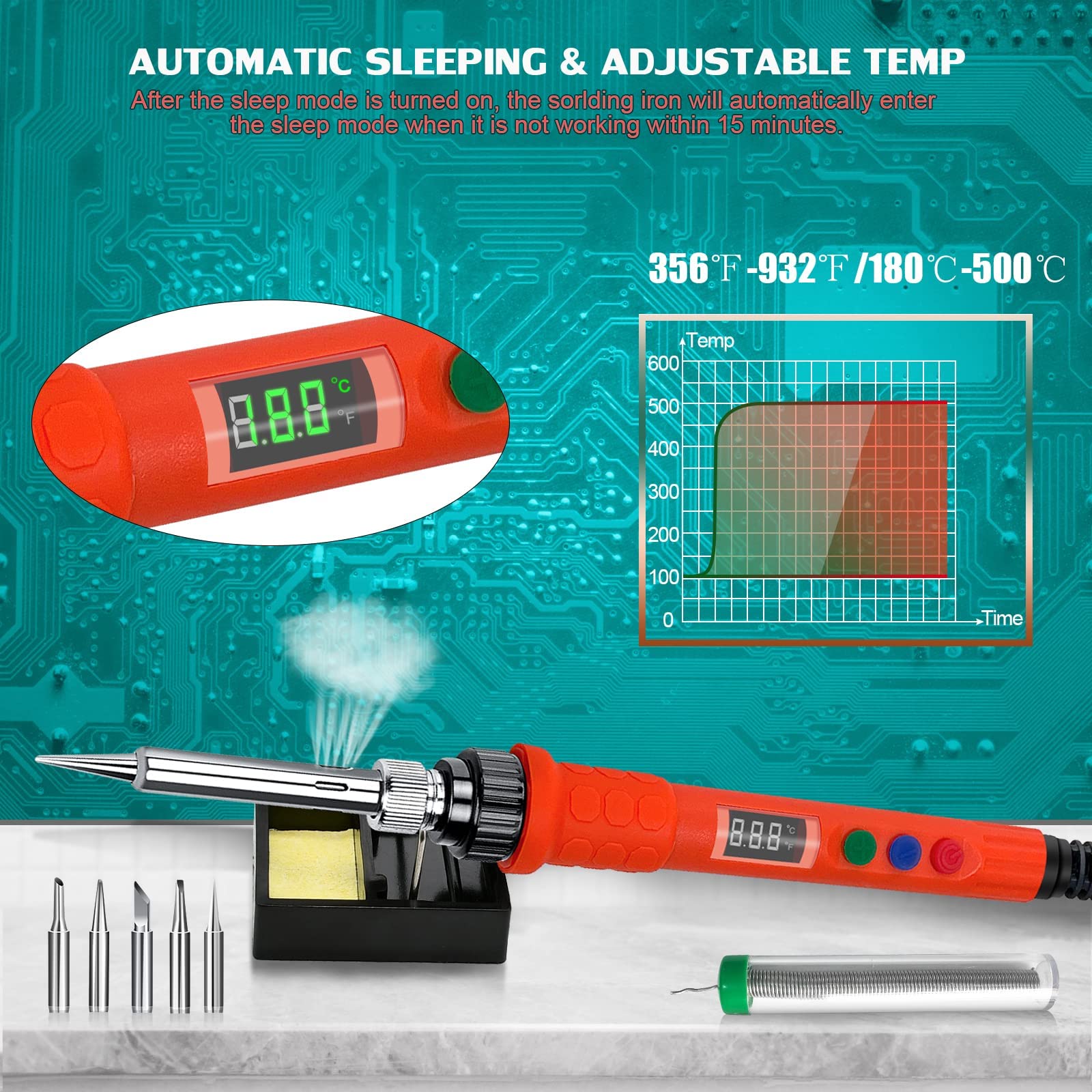 Soldering Iron Kit, 120W LED Digital Soldering Kit, 110V Welding Tools, Smart Temperature Control [356℉-932℉] - Extra 5pcs Tips - Auto Sleep & Temp Calibration - C/F Func