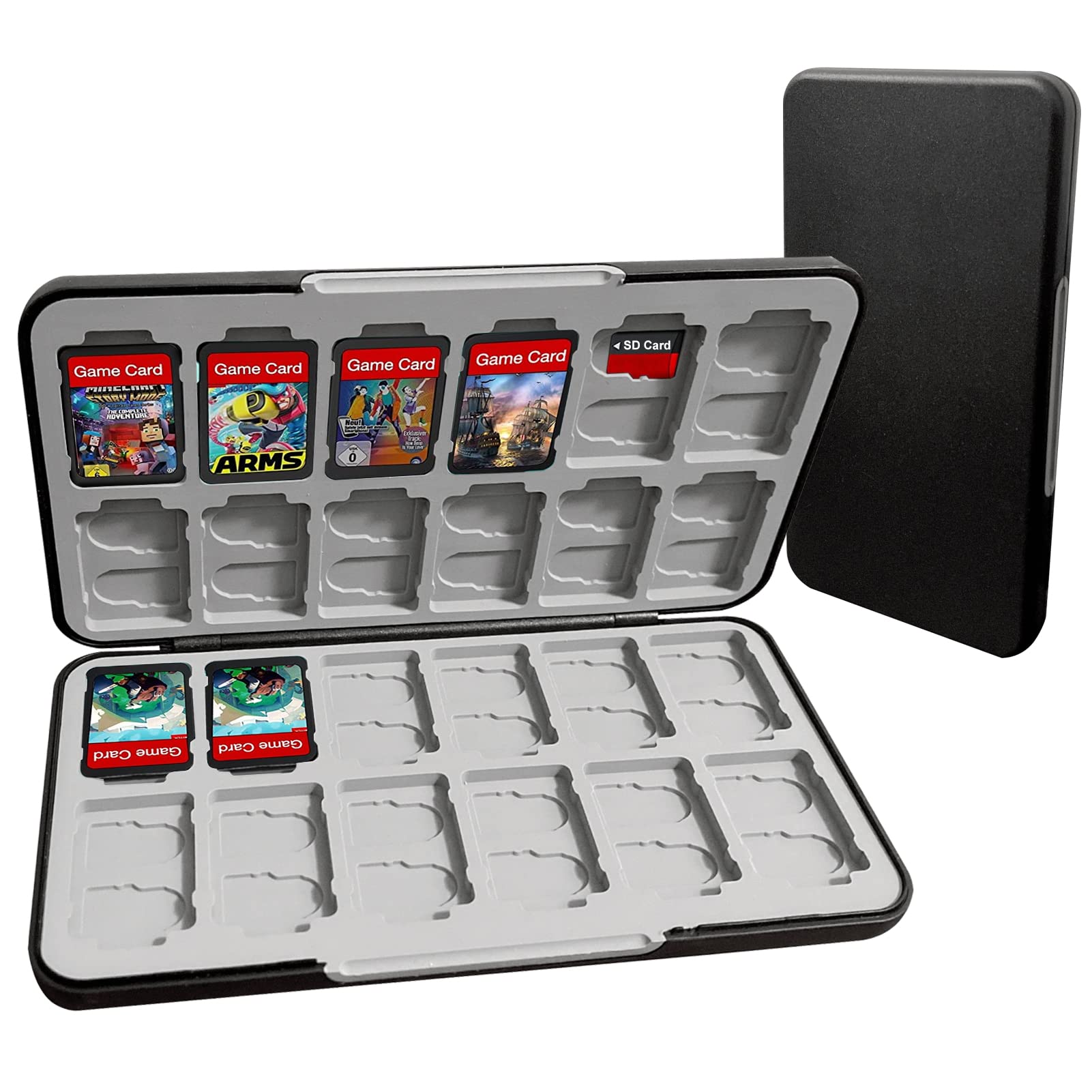 WNJACO Switch Game Card Case Nintendo Switch Game & Micro SD Card, Customized Pattern Switch Lite Game Card Storage Box with 16 Game Card Slots and 16 Micro SD Card Slots with Magnetic Closure (Black)