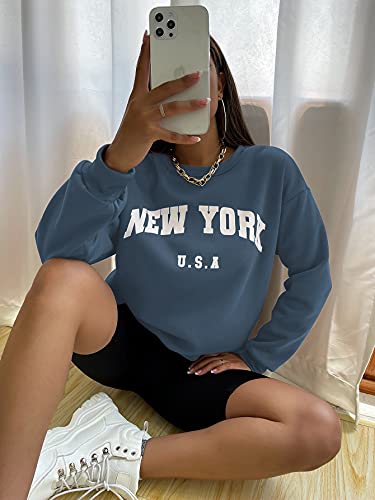 SheIn Women's Casual Long Sleeve Round Neck Slogan Graphic Letter Print Pullover Sweatshirt Dusty Blue S