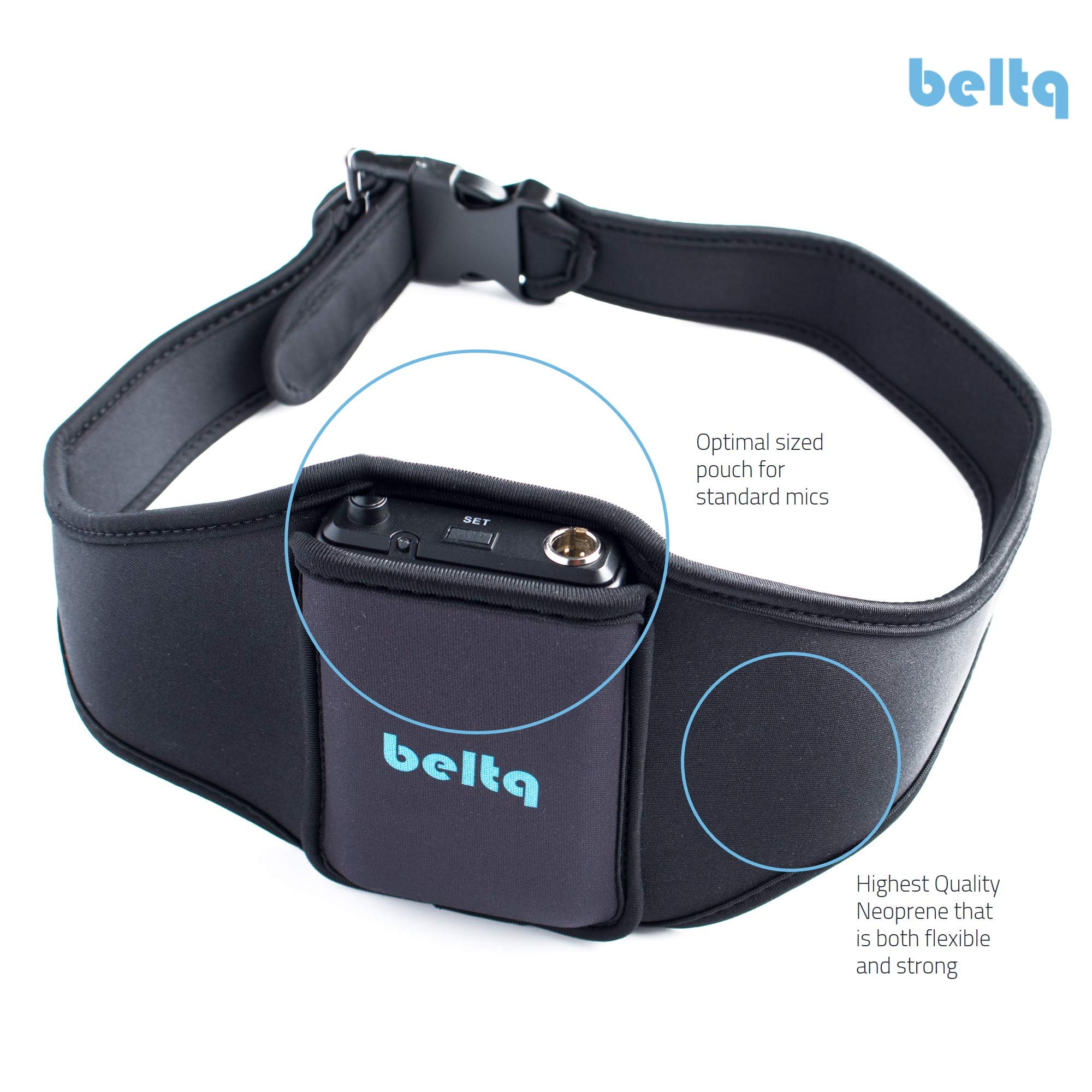 Microphone Belt/Mic Belt by Beltq Black Carrier Belts for Microphone Transmitter Up to 36 inch Waists Mic Pack Holster for Fitness Instructor or Theatre