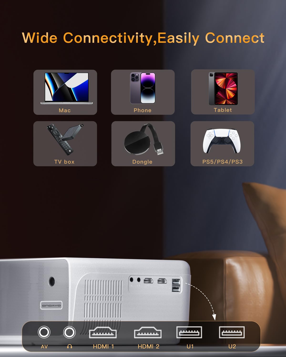 Projector, Outdoor Projector 4K Supported, 600ANSI 20000 LUMENS, ONOAYO 1080P Movie Projector for Outdoor Use with WiFi Bluetooth, Compatible with iOS/Android/PC/PS4/TV Stick/HDMI/USB