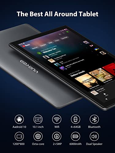 YUMKEM 10 inch Octa Core Tablet, 4GB RAM 64GB Storage, Android Tablet with Keyboard and Tablet Case, 10.1” IPS HD Display, Android OS, 6000 mAh Battery, Bluetooth, 5G Wi-Fi, GPS, FM, Dark Grey