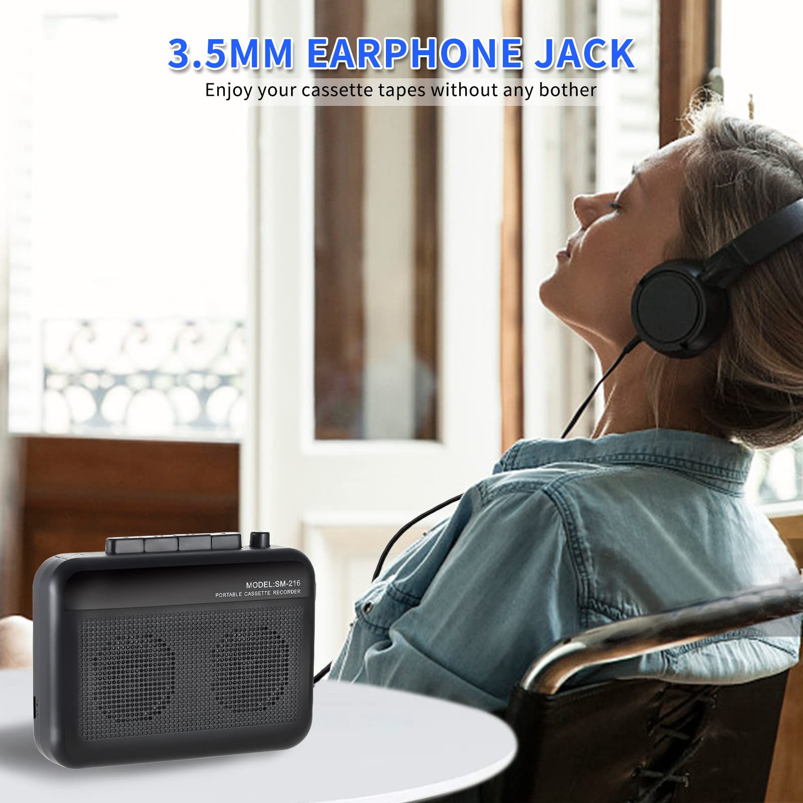 Portable Cassette Player Recorder with Bluetooth Transmitter, Walkman Cassette Tape Player with Headphone Jack, Build-in Speaker, Microphone Jack, Powered by AC Adapter or AA Battery- Black