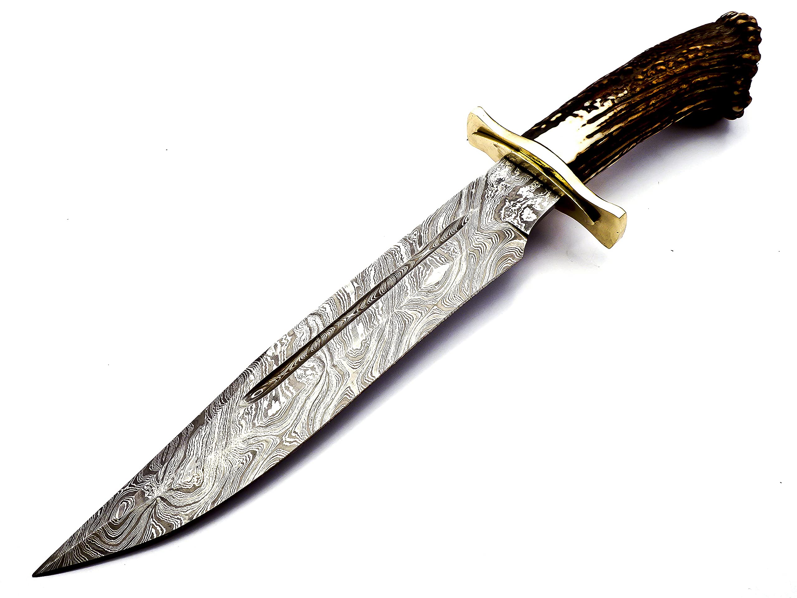 Skokie Knives Damascus Steel Bowie Knife Bull Horn Handle with & Brass Guard β16β Handmade Premium Quality Sharp Edge Fix Blade -Genuine Multipurpose Knife Ideal for Hunting, Camping (Stage B)