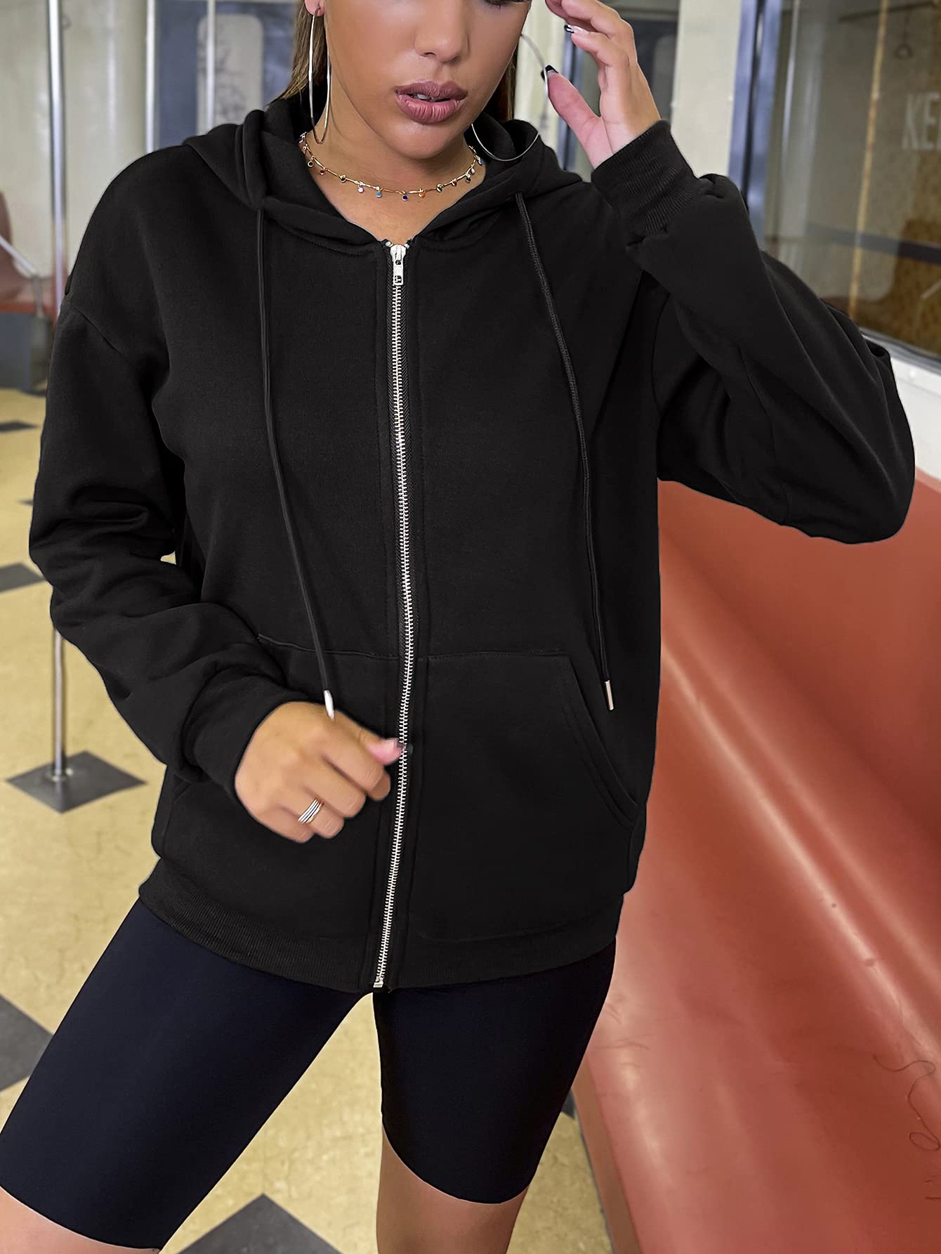 SheIn Women's Long Sleeve Drop Shoulder Zip Up Drawstring Hoodies Sweatshirt Black XS