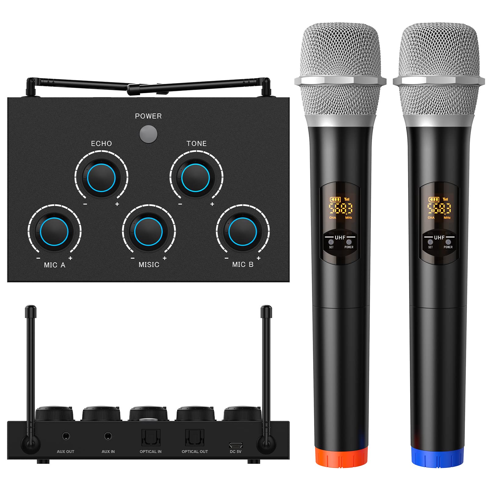 Rybozen Wireless Microphone Karaoke Mixer System, Dual UHF Cordless Mic Handheld Karaoke Microphone for PC, TV, Speaker, Amplifier, Party, Meeting, DJ, Wedding, Supports AUX Optical in/Out