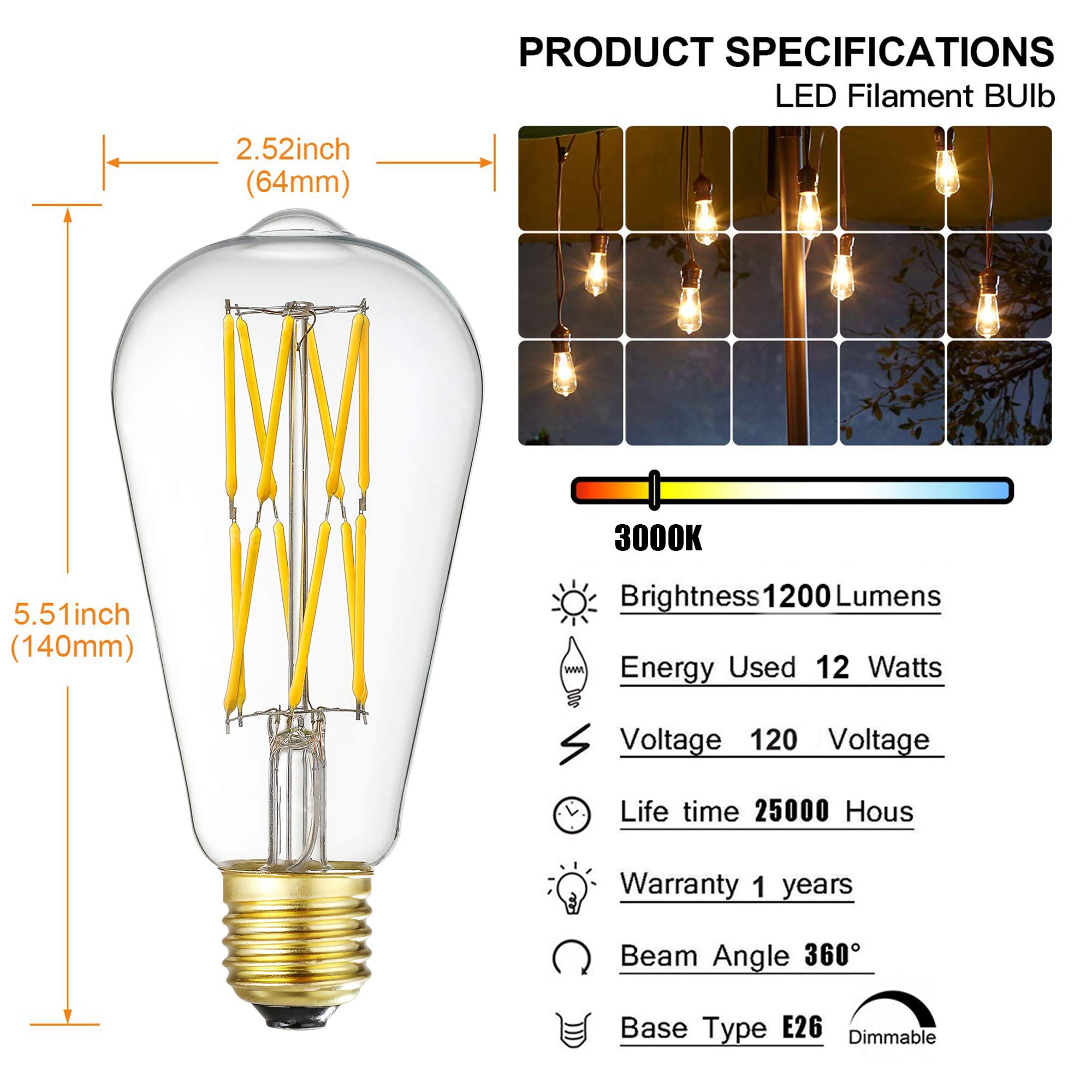 LVYE LED Edison Bulb Dimmable 12W 3000K Soft White 1200LM, 100W Equivalent E26 Medium Base, ST64 Vintage LED Bulbs, 360 Degree Beam Angle, Clear Glass, Pack of 4.