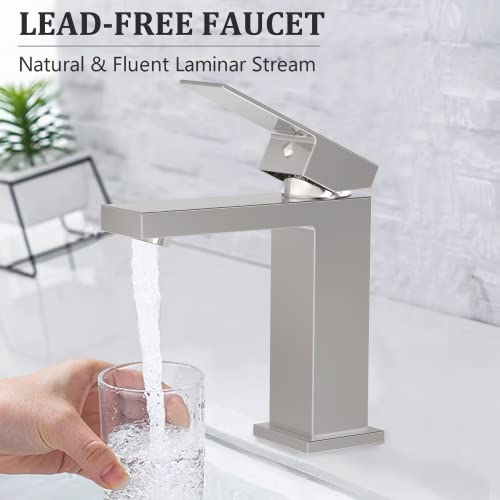 ๐ฉ๐ผ๐ป๐๐ฎ๐ป Brushed Nickel Bathroom Faucets, Solid Brass Single Hole Bathroom Sink Faucet, Modern Bathroom Faucets for Sink 1 Hole, Lead-Free Vanity Faucet with Pop-up Drain and Water Supply Hoses