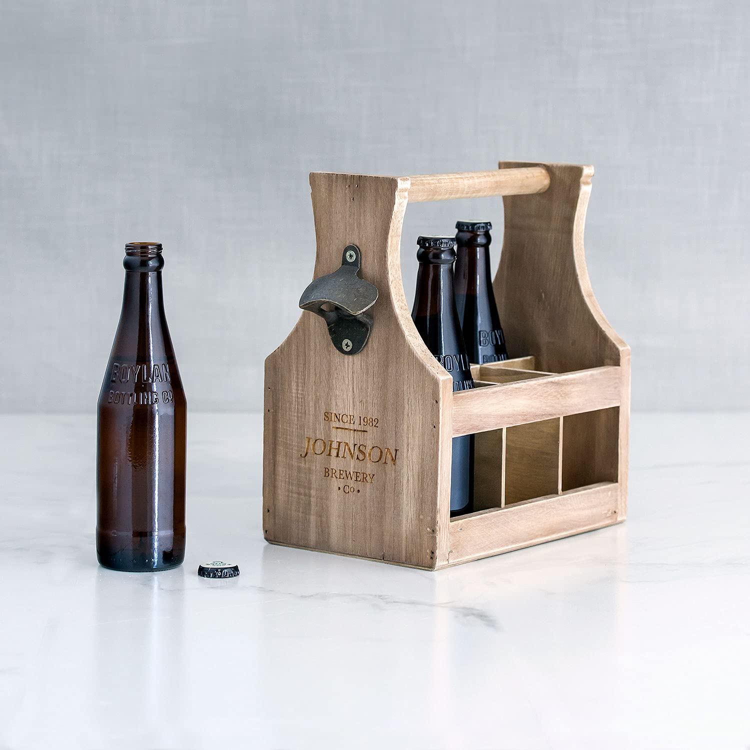 Weddingstar Custom Personalized Wooden Beer Bottle Caddy Holder with Metal Bottle Opener - Brewery Co. Etching